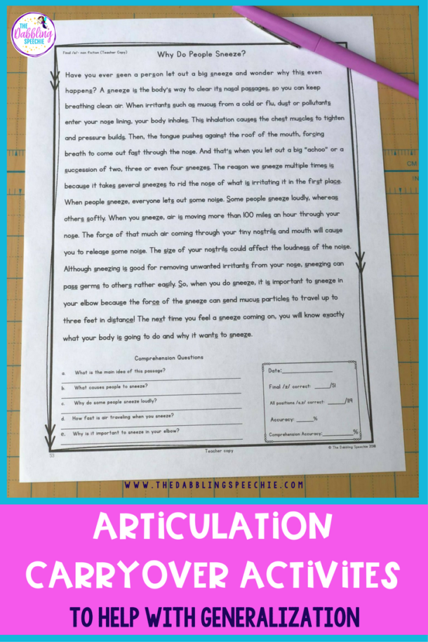 Articulation Reading Passages & Activities To Help With Generalization ...